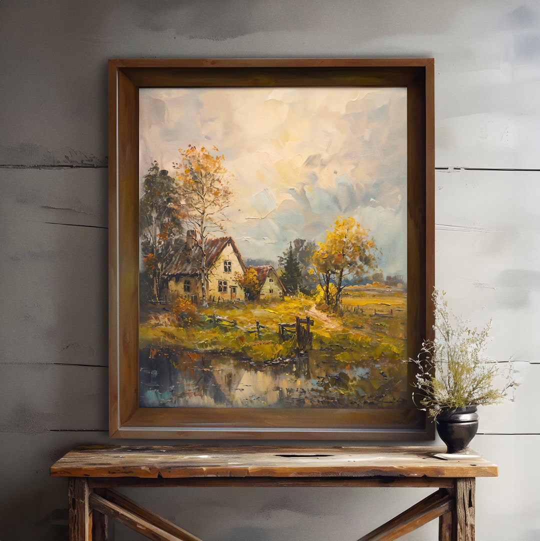 Autumn Cottage Rustic Wall Art Vintage Pastoral Landscape Warm Fall ...