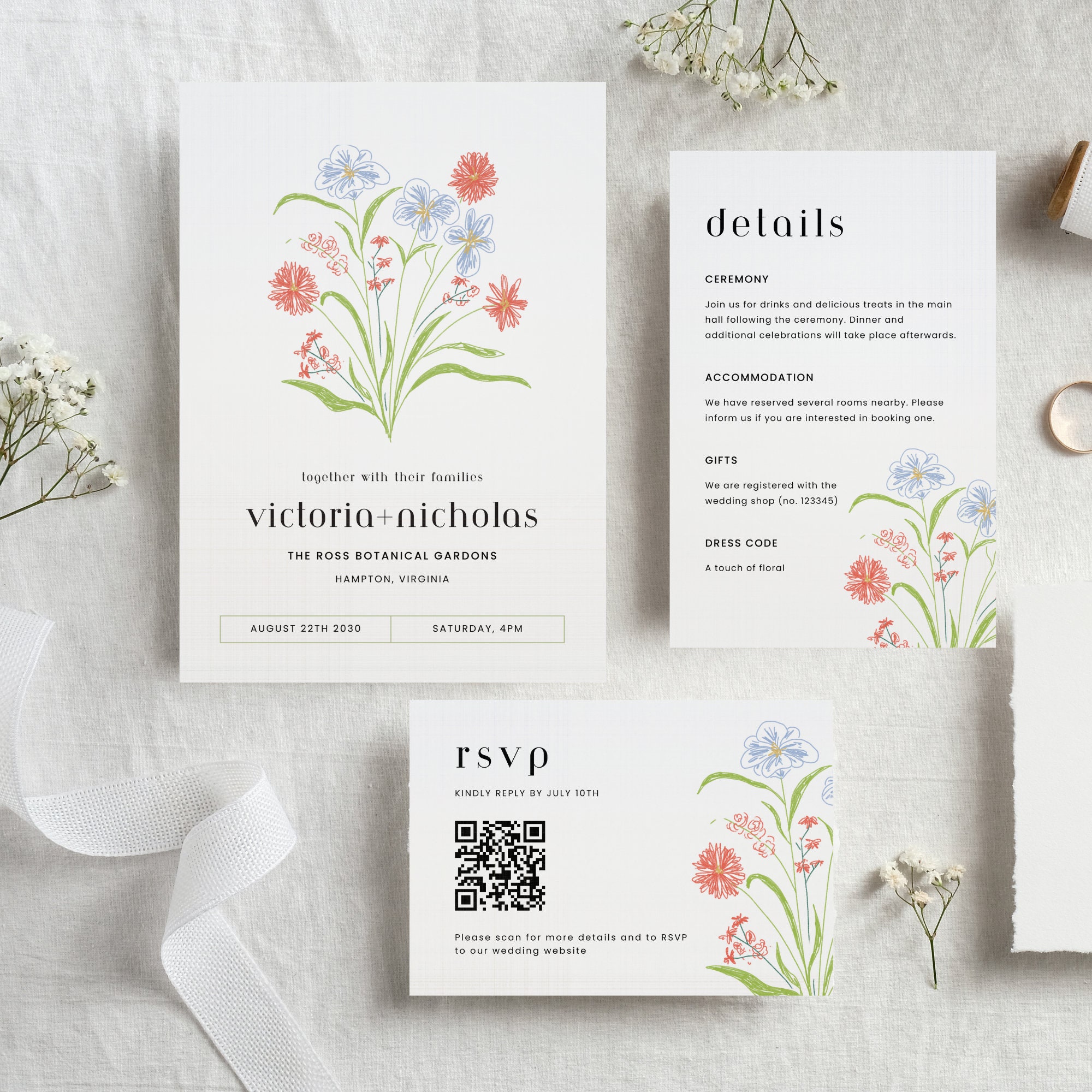 Floral Wedding Invitation Template Suite, QR Code RSVP, Printable ...