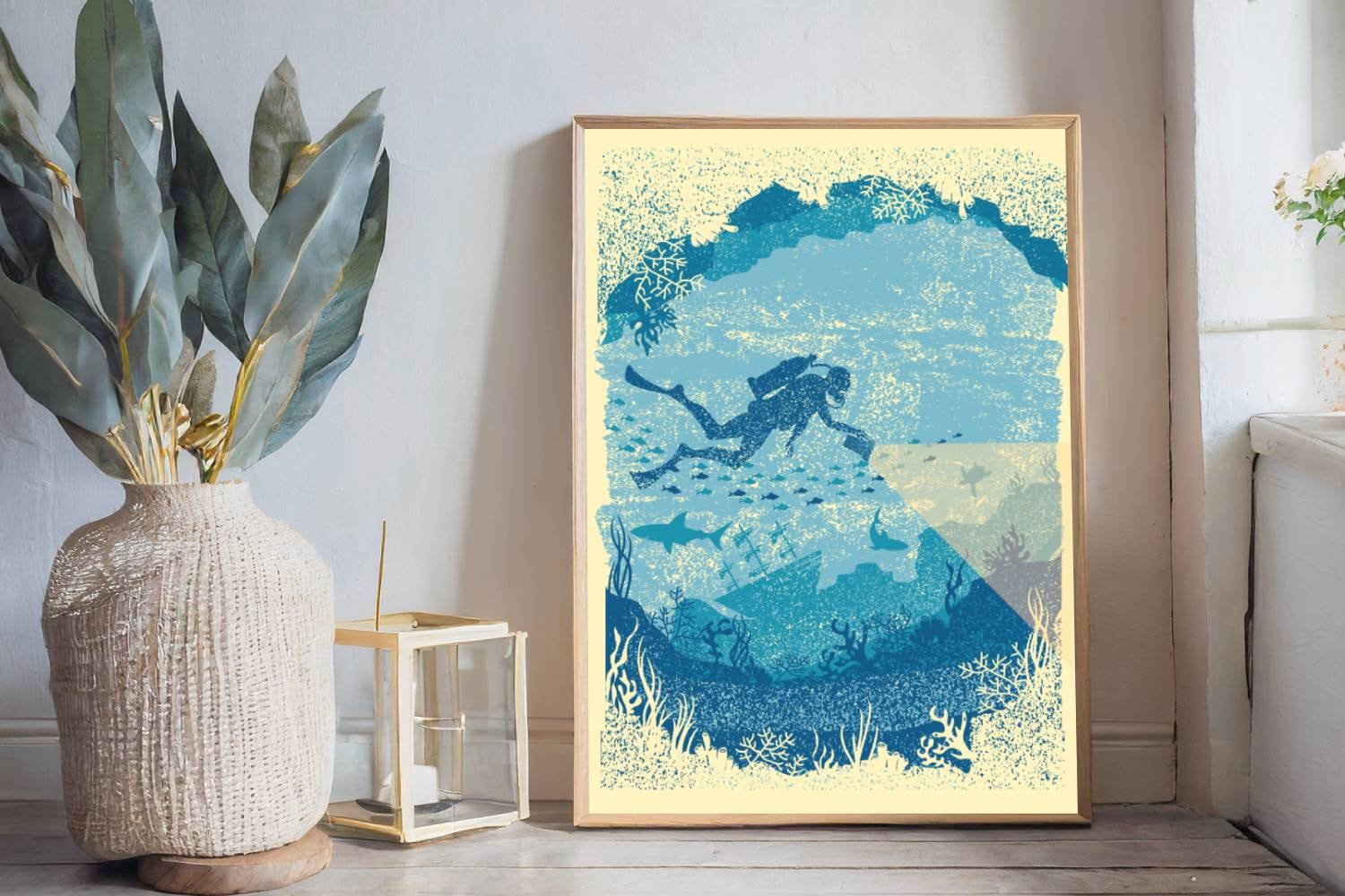 Scuba Diver Underwater Wall Art Poster, Diving Retro Wall Art Poster ...