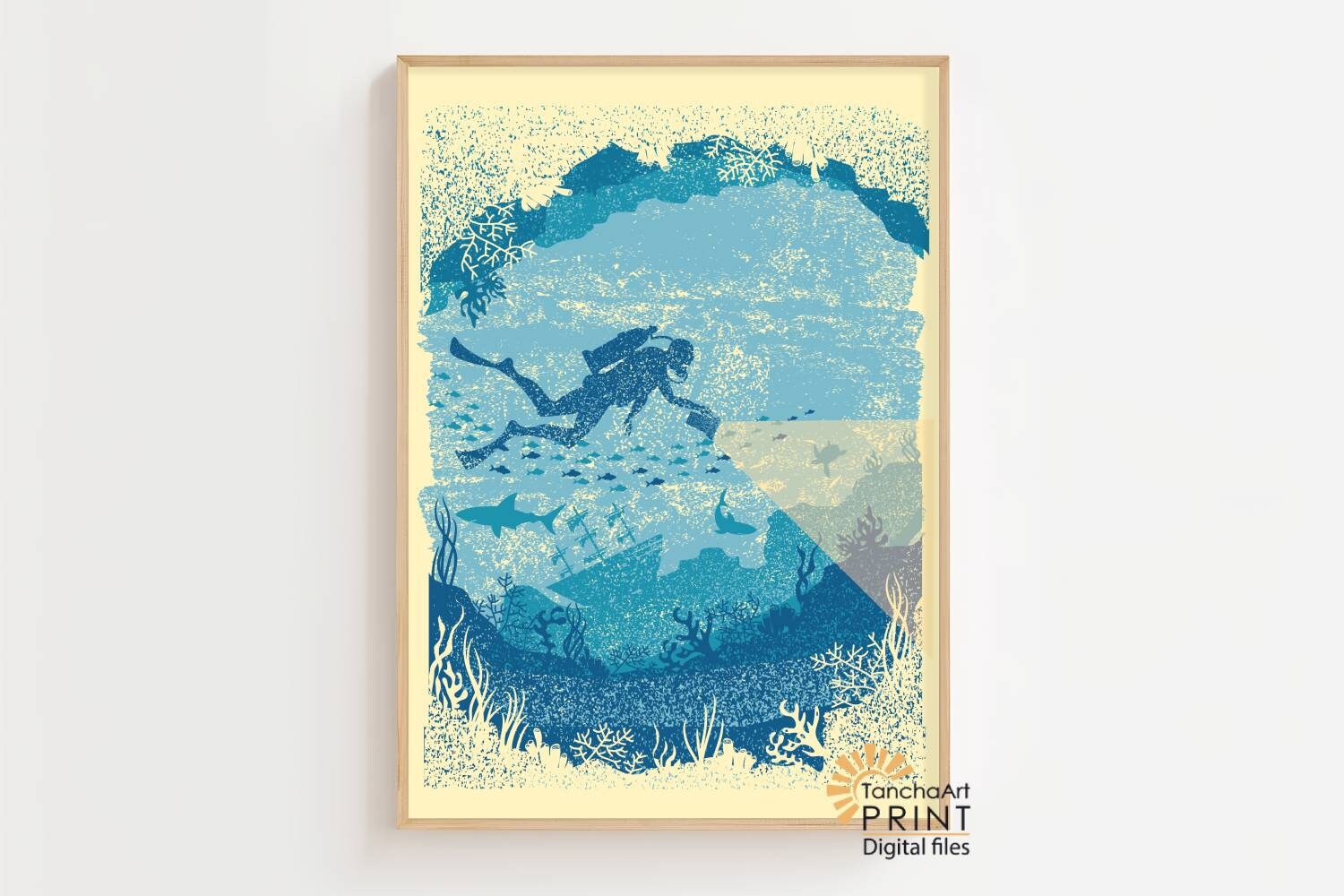 Scuba Diver Underwater Wall Art Poster, Diving Retro Wall Art Poster ...