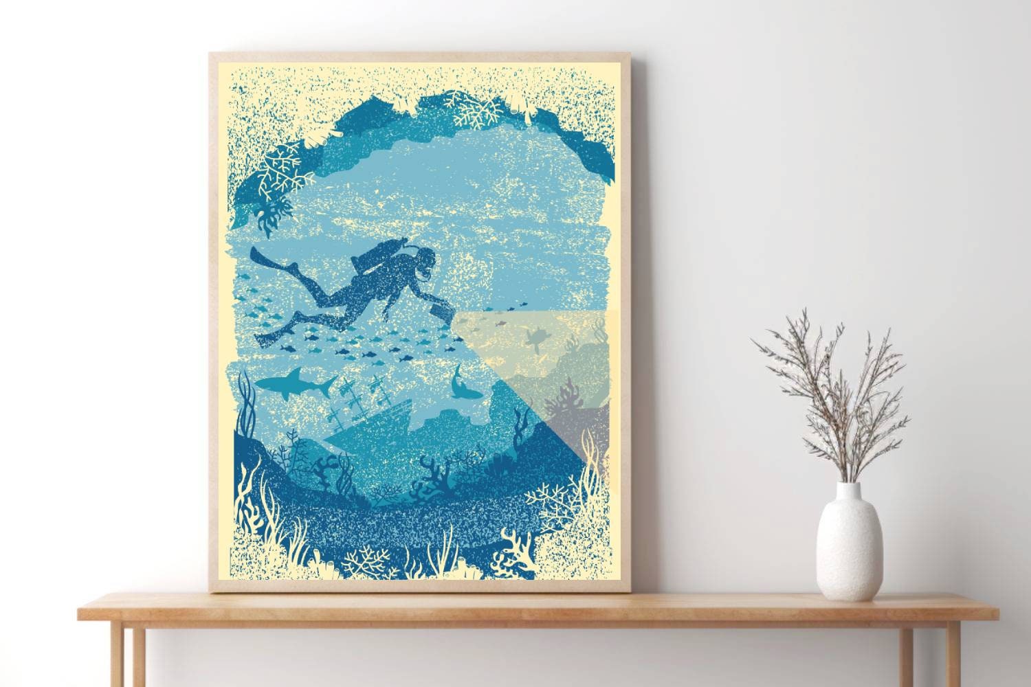 Scuba Diver Underwater Wall Art Poster, Diving Retro Wall Art Poster ...