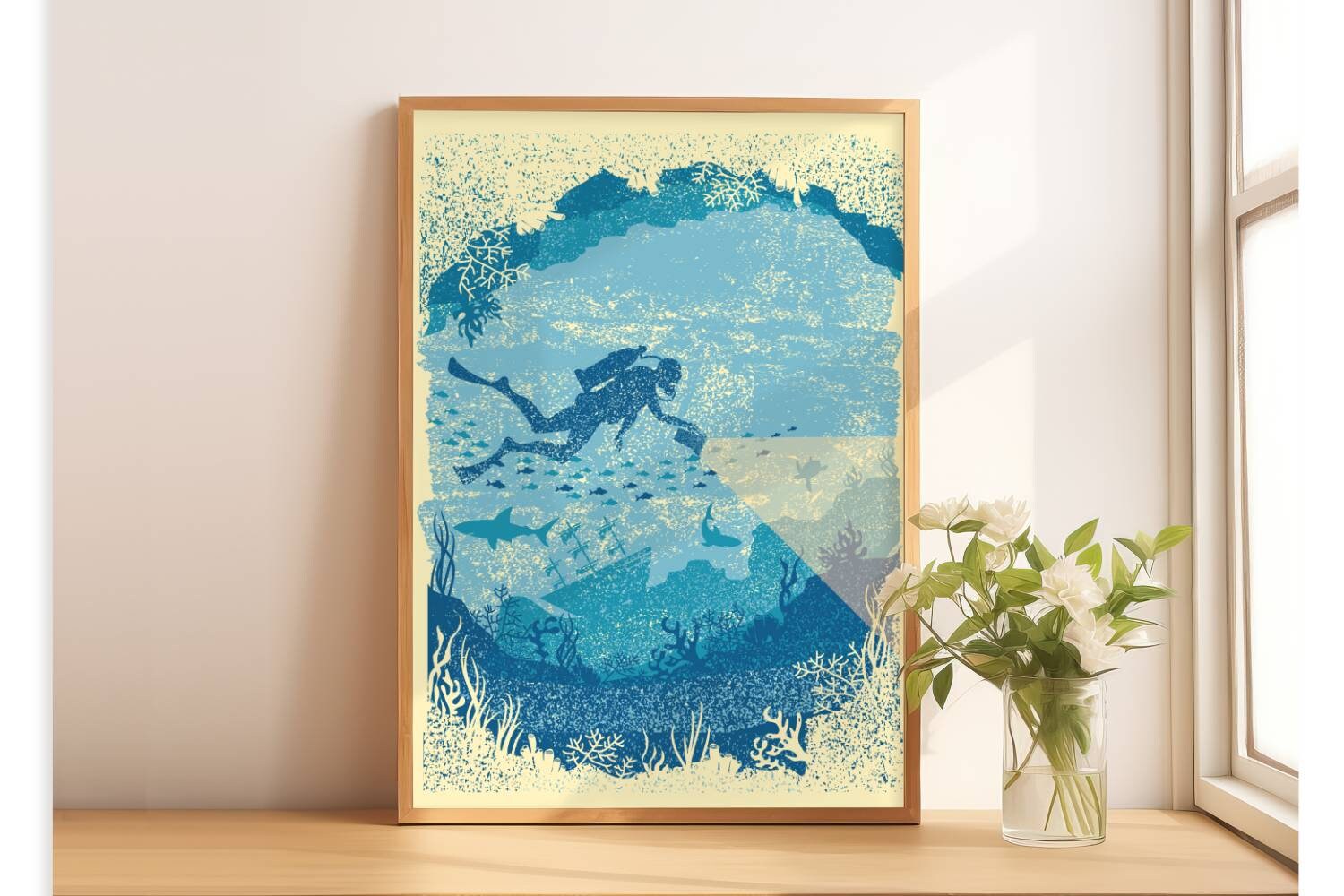 Scuba Diver Underwater Wall Art Poster, Diving Retro Wall Art Poster ...