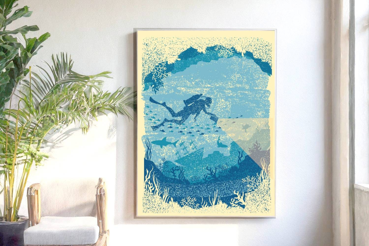 Scuba Diver Underwater Wall Art Poster, Diving Retro Wall Art Poster ...