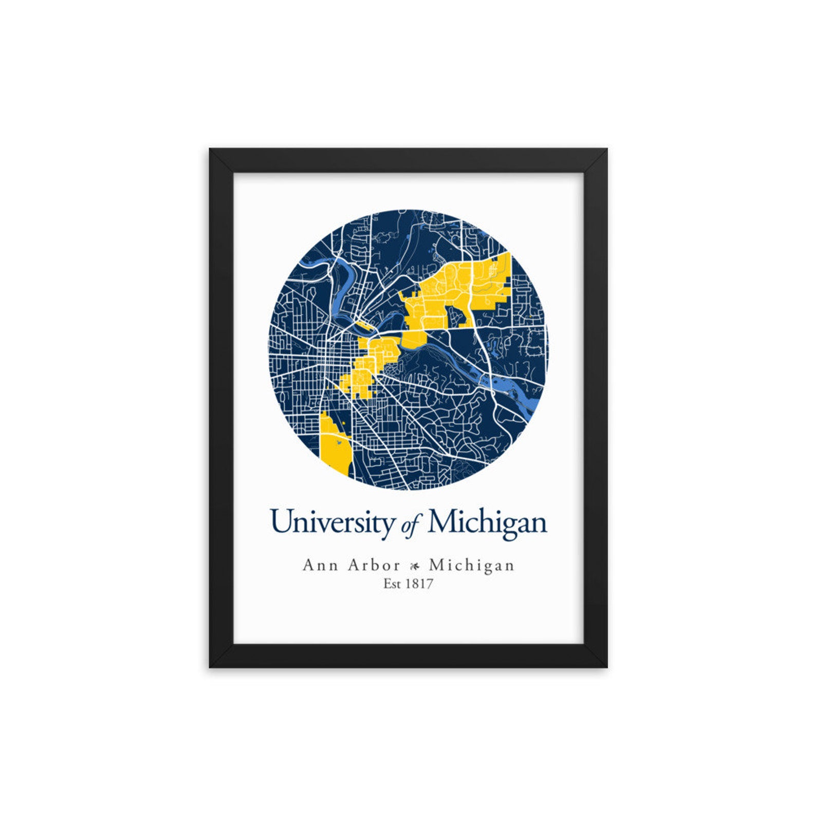 University of Michigan, Ann Arbor Campus Map Framed Print, Michigan ...