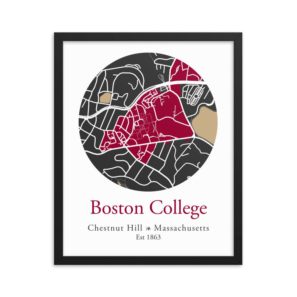 Boston College, Chestnut Hill Campus Map Framed Print, Boston College ...
