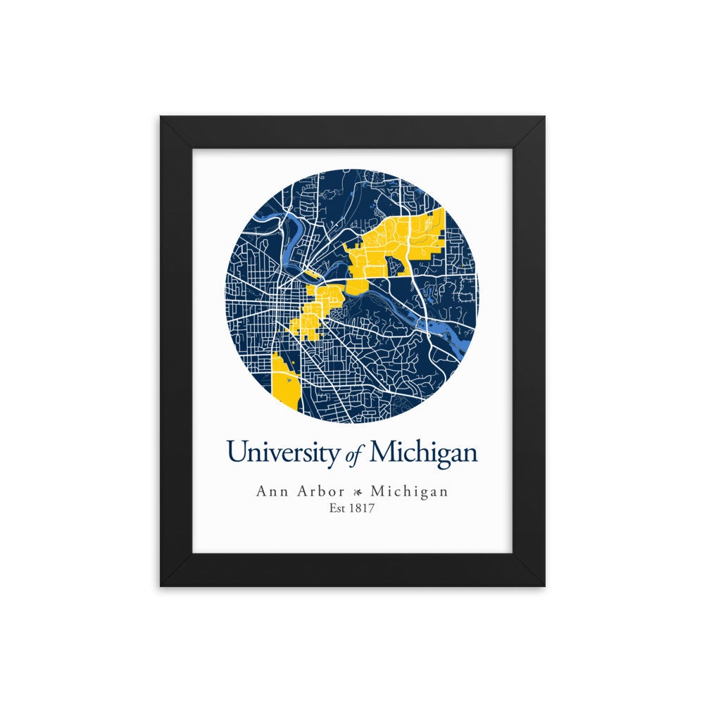 University of Michigan, Ann Arbor Campus Map Framed Print, Michigan ...