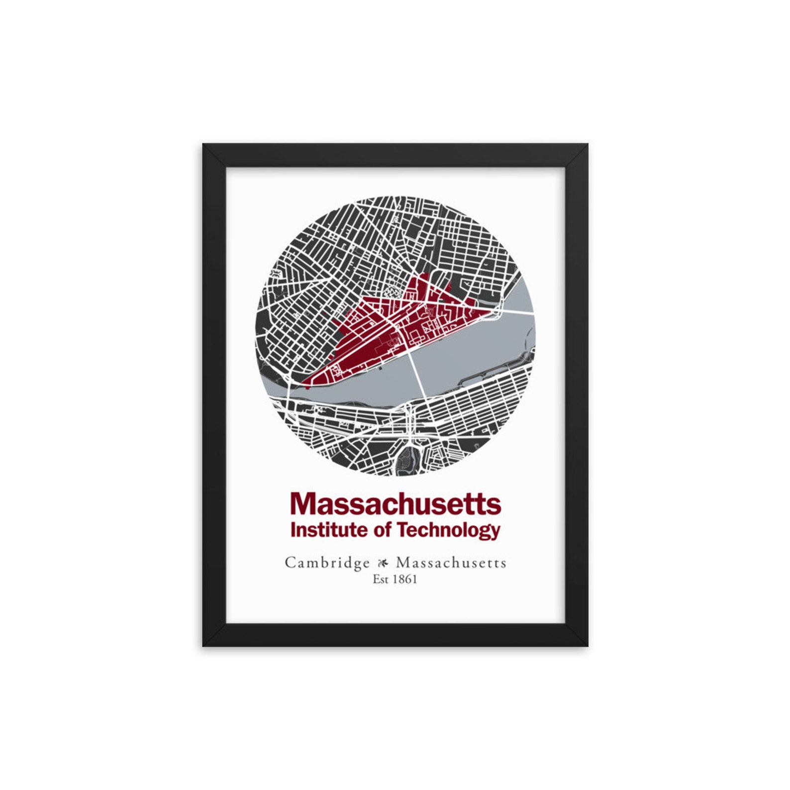 MIT Massachusetts Institute of Technology, Cambridge Campus Map Framed ...