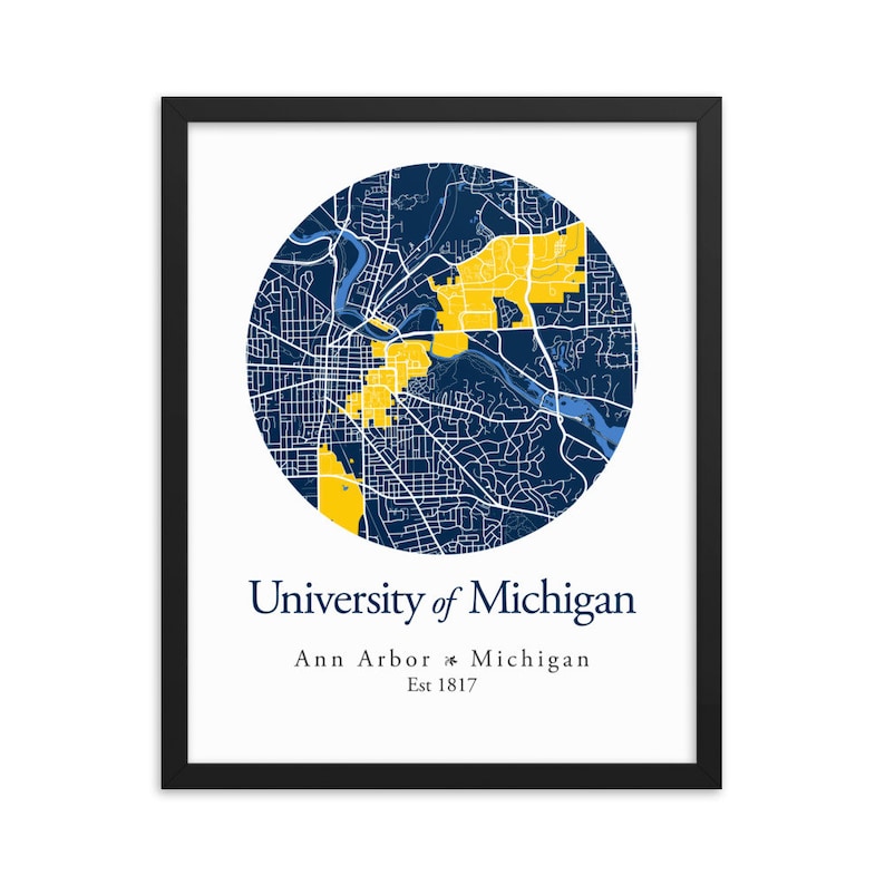 University of Michigan, Ann Arbor Campus Map Framed Print, Michigan ...