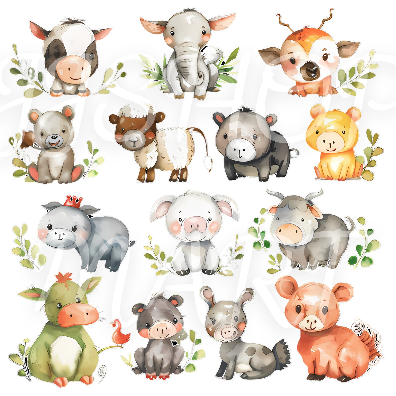 72 Elements Cute Animals Clipart Bundle - Watercolor Jungle Animals ...