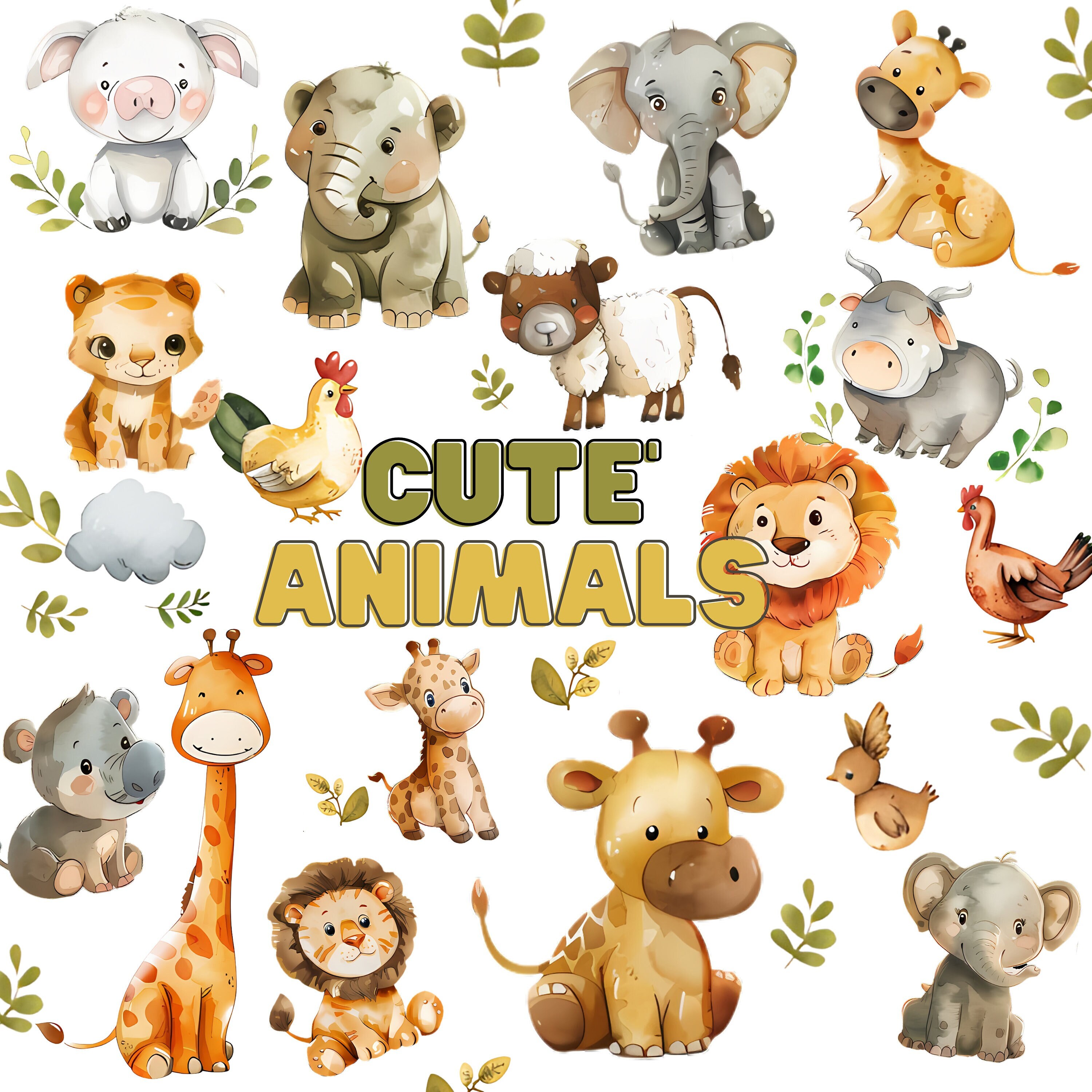 72 Elements Cute Animals Clipart Bundle - Watercolor Jungle Animals ...