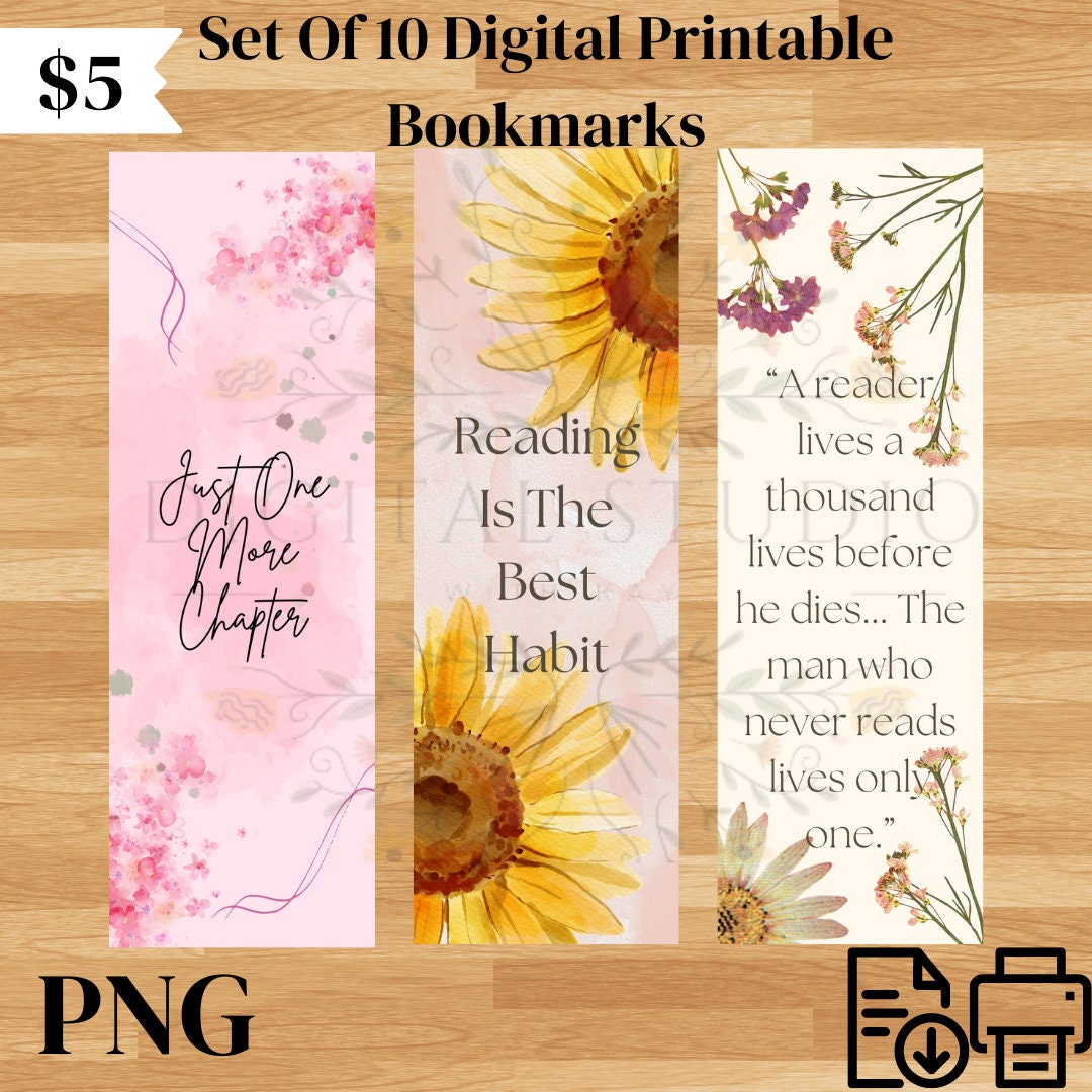 10 Digital Printable Bookmarks | Digital Bookmark | Printable Bookmark ...