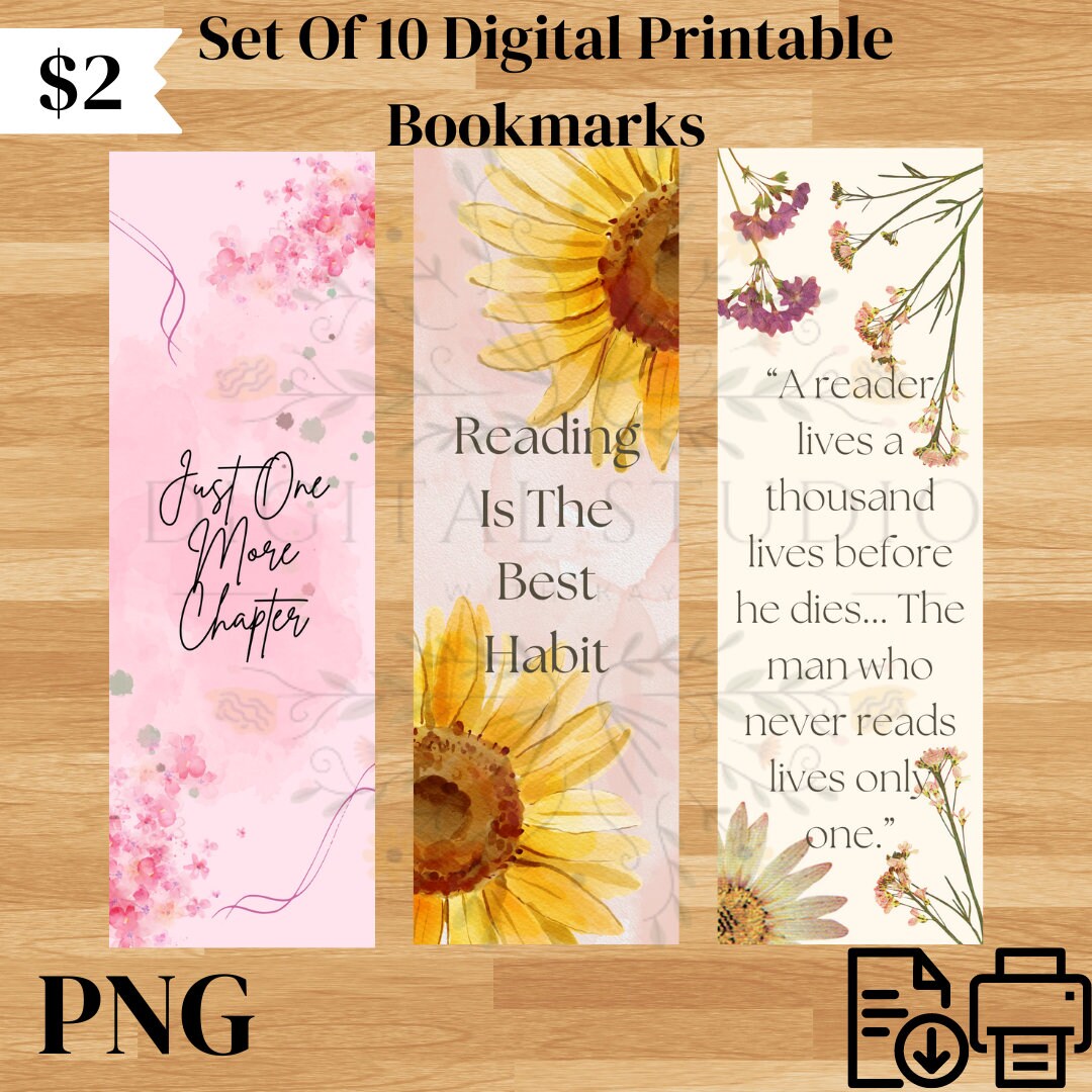 10 Digital Printable Bookmarks Digital Bookmark Printable Bookmark ...