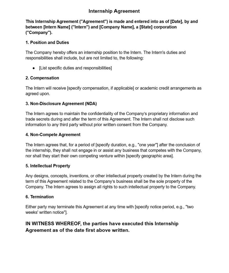 Internship Agreement Template Business Agreement Contract Employment - Etsy