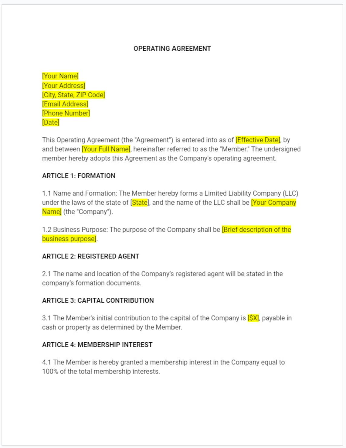 Single Member LLC Operating Agreement Outline the Internal Structure of ...