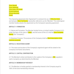 Single Member LLC Operating Agreement Outline the Internal Structure of ...