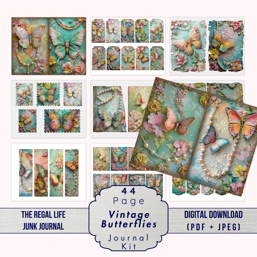 Vintage Butterflies and Pearls Junk Journal Pages, Butterfly Printable ...