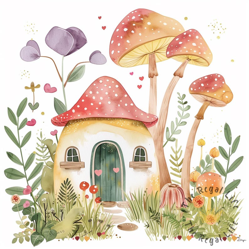 Watercolor Mushroom House Clipart: Vintage Fairy Tale Jpgs (digital ...