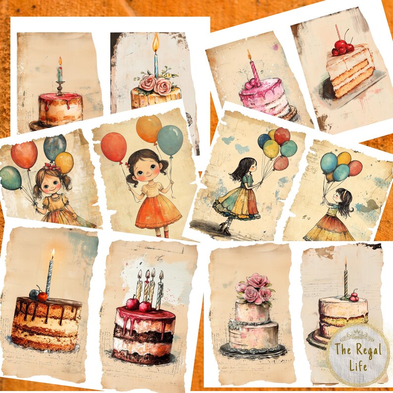 Vintage Birthday Cake and Balloons Junk Journal Kit, Scrapbook Paper ...