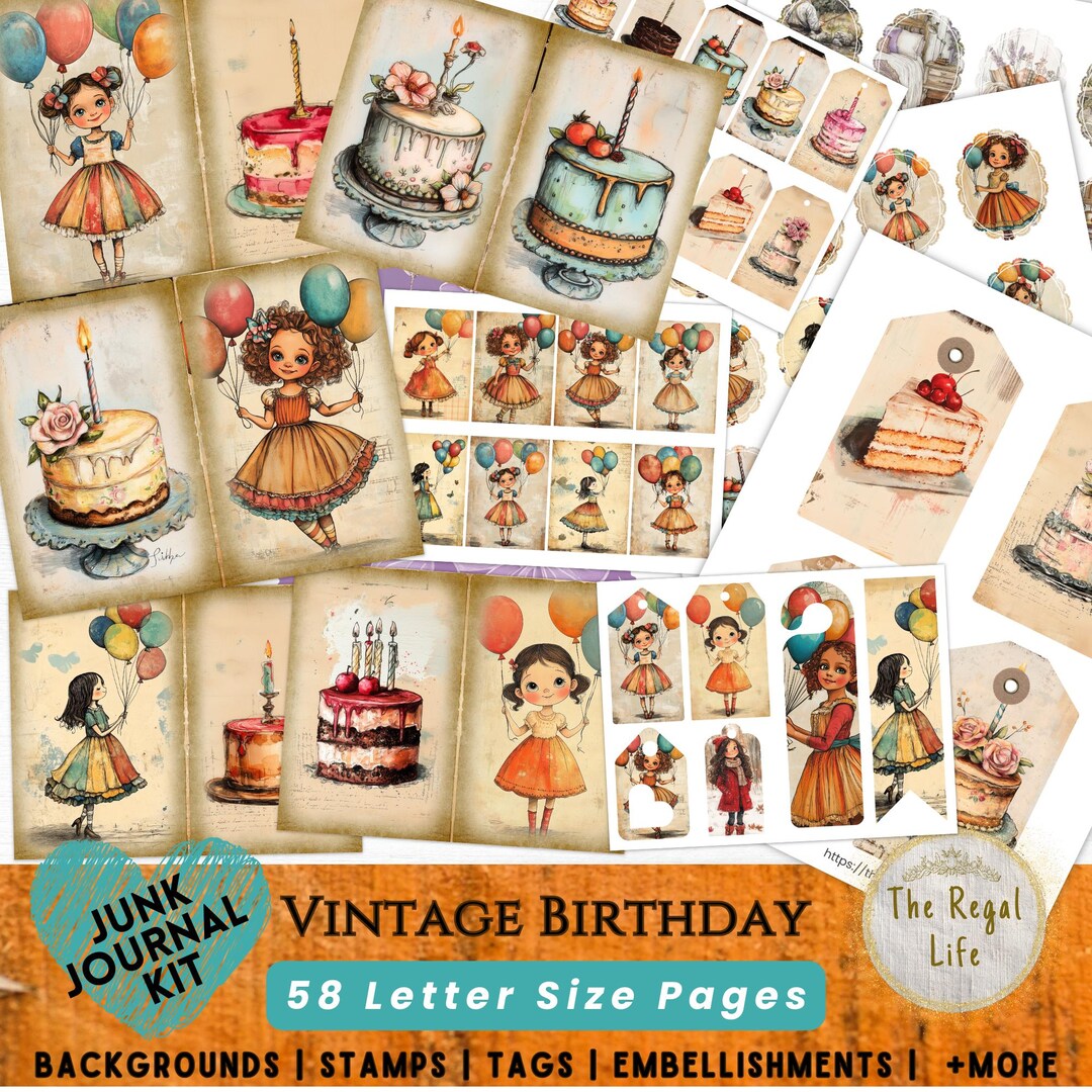 Vintage Birthday Cake and Balloons Junk Journal Kit, Scrapbook Paper ...