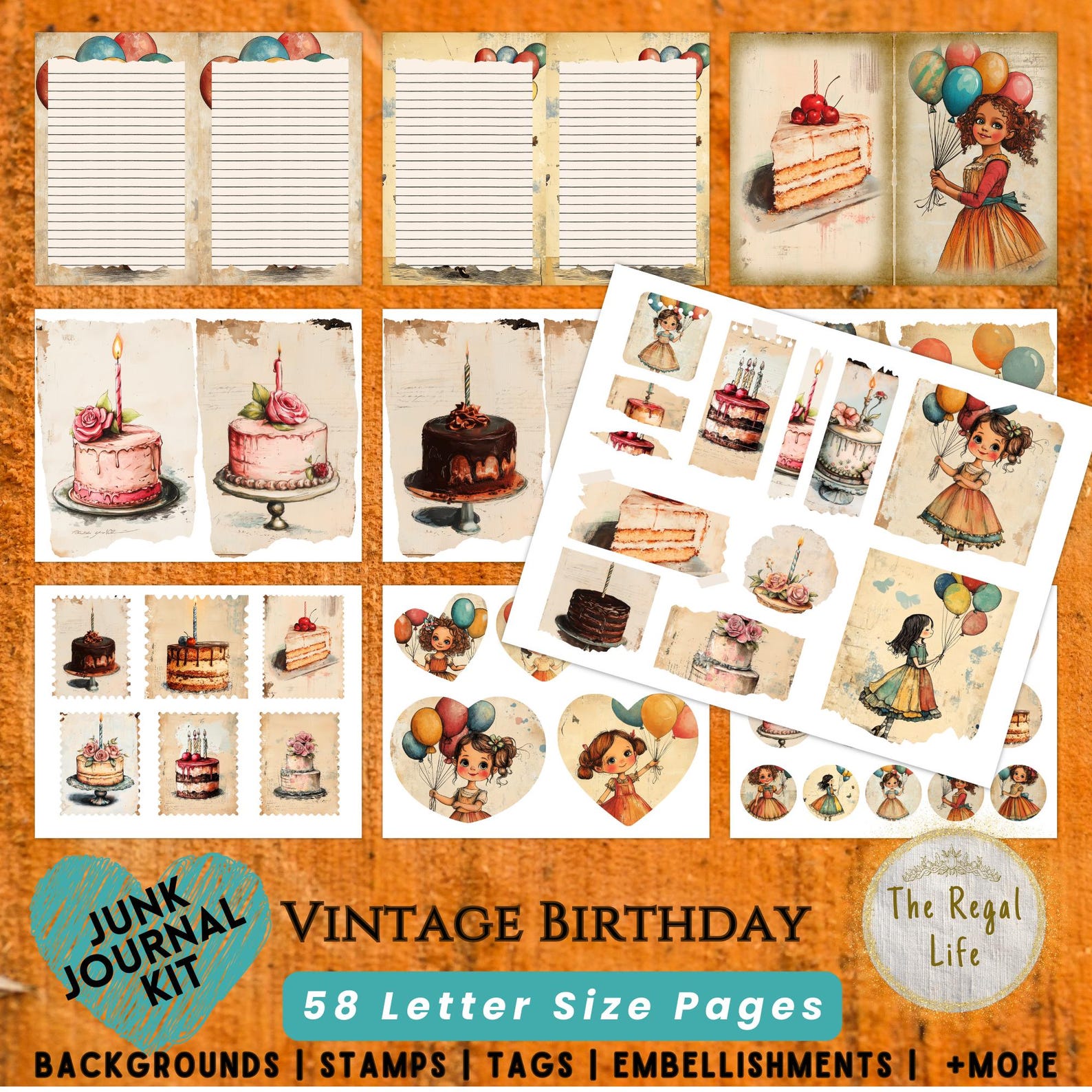 Vintage Birthday Cake and Balloons Junk Journal Kit, Scrapbook Paper ...