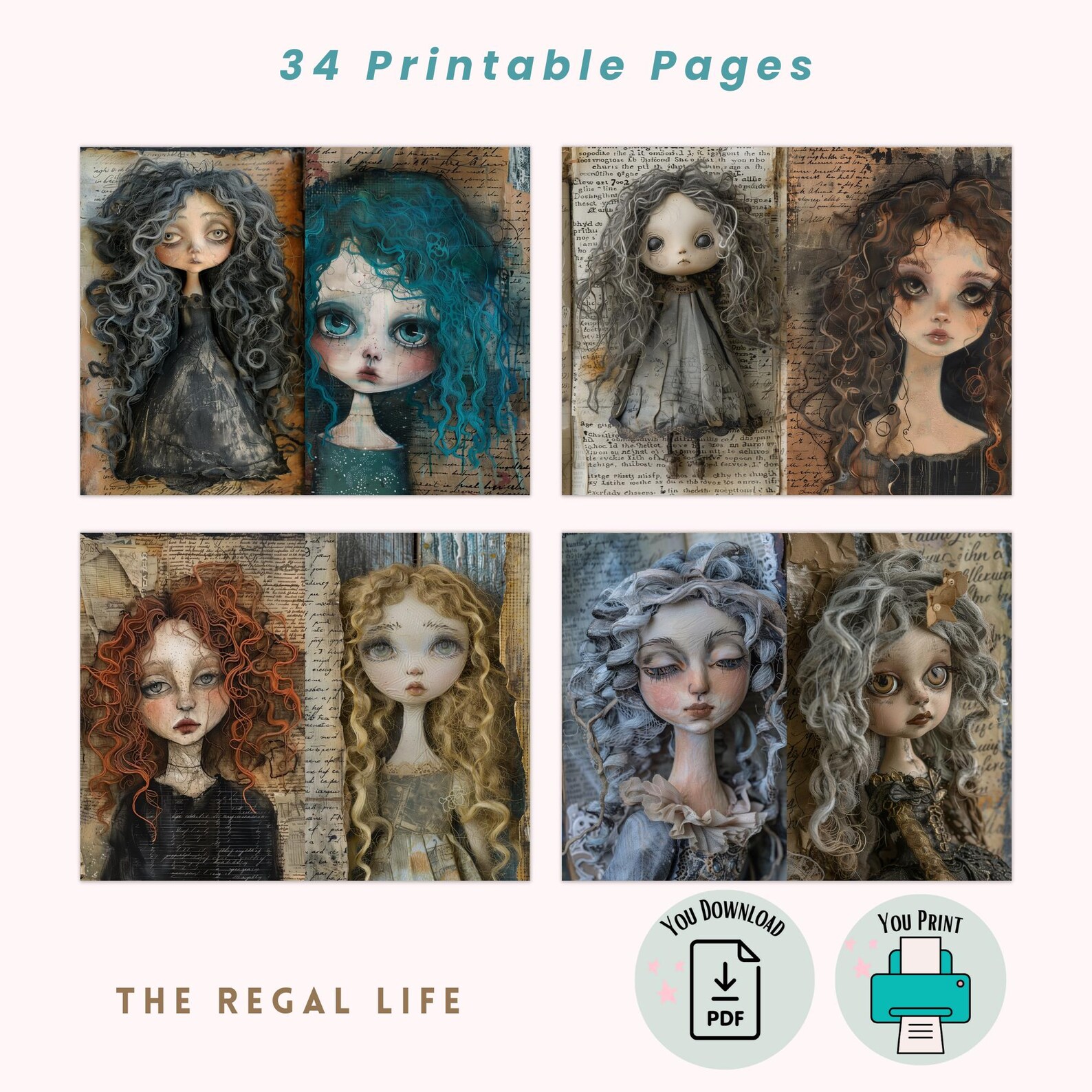 Creepy Haunted Dolls Printable Paper, Spooky Dolls Illustrations ...