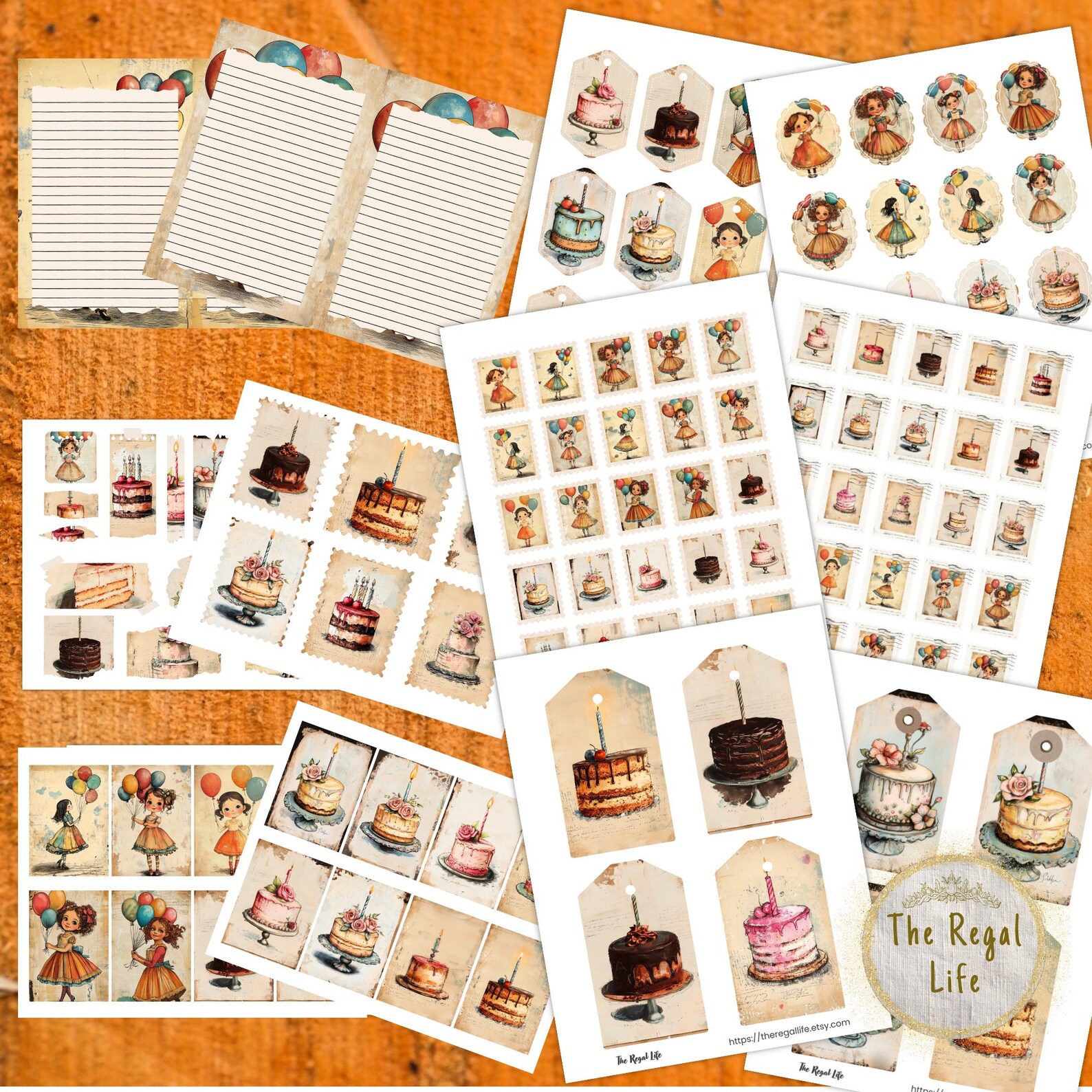 Vintage Birthday Cake and Balloons Junk Journal Kit, Scrapbook Paper ...