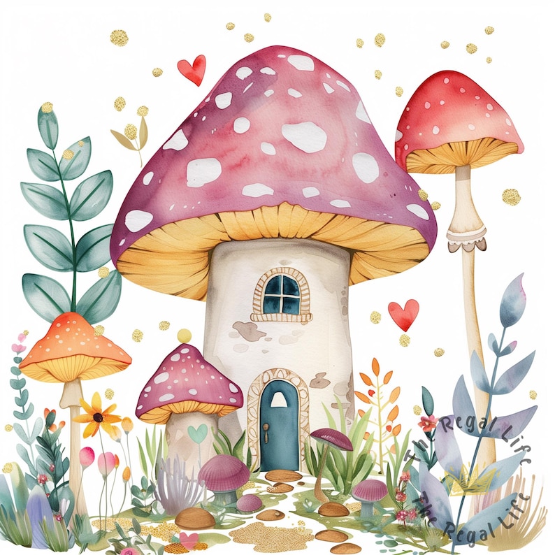 Watercolor Mushroom House Clipart: Vintage Fairy Tale Jpgs (digital ...
