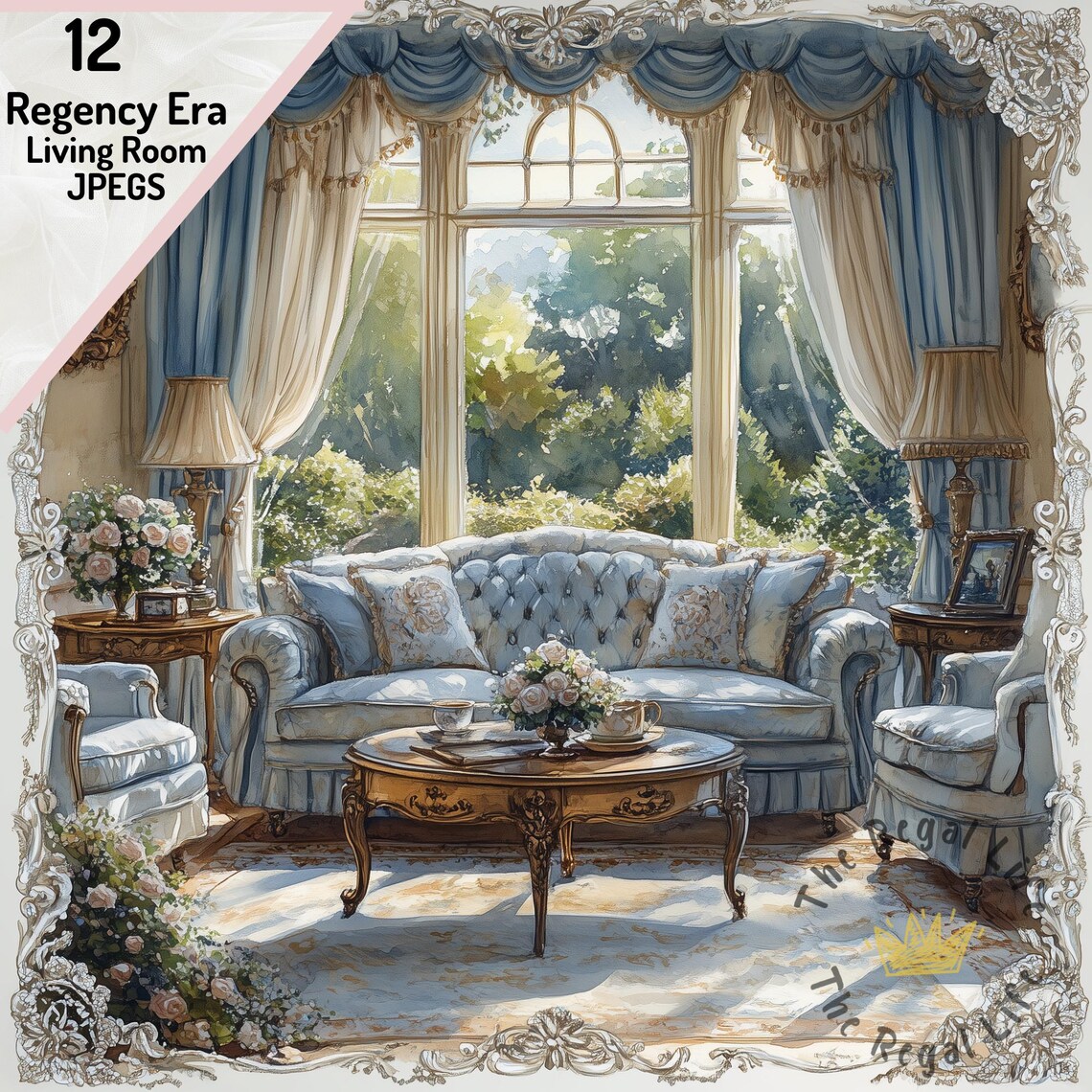 Regency Era Living Room Clipart Bundle, 12 High Quality Watercolor Jpgs ...