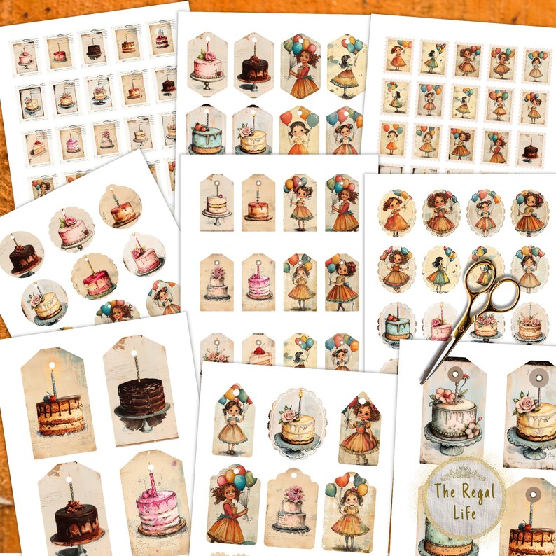 Vintage Birthday Cake and Balloons Junk Journal Kit, Scrapbook Paper ...