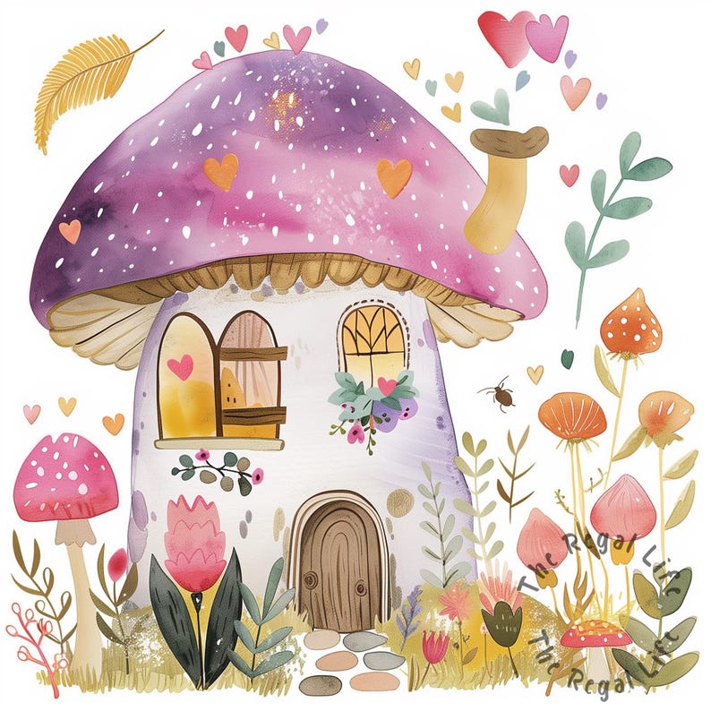 Watercolor Mushroom House Clipart: Vintage Fairy Tale Jpgs (digital ...