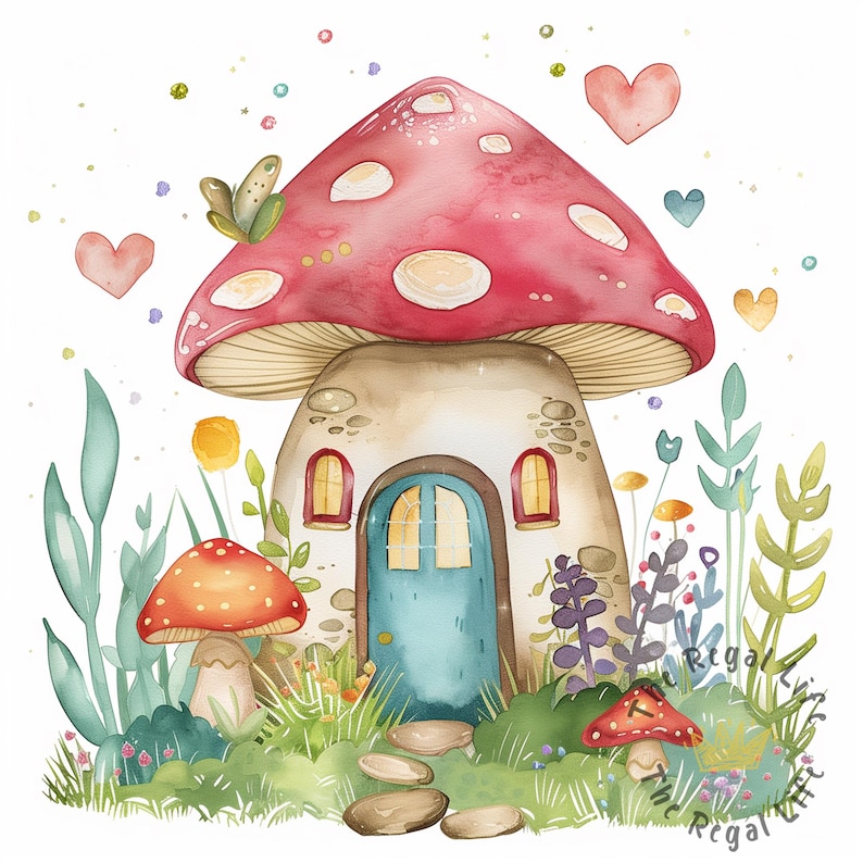 Watercolor Mushroom House Clipart: Vintage Fairy Tale Jpgs (digital ...