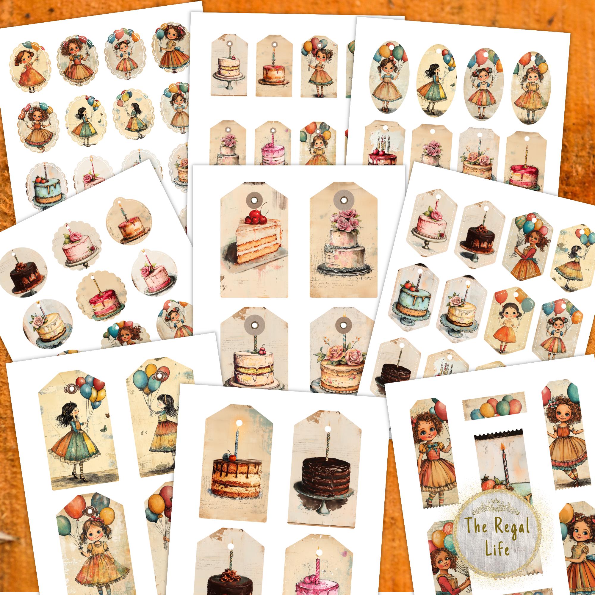 Vintage Birthday Cake and Balloons Junk Journal Kit, Scrapbook Paper ...