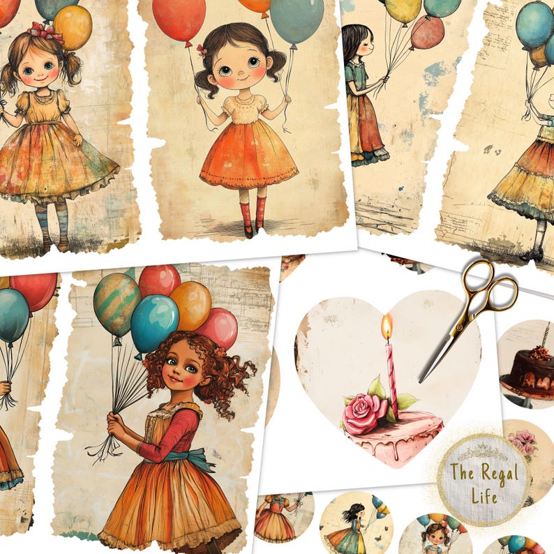 Vintage Birthday Cake and Balloons Junk Journal Kit, Scrapbook Paper ...