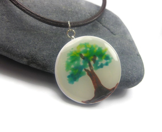 Blue Green Tree Pendant Necklace Hand Painted | Etsy