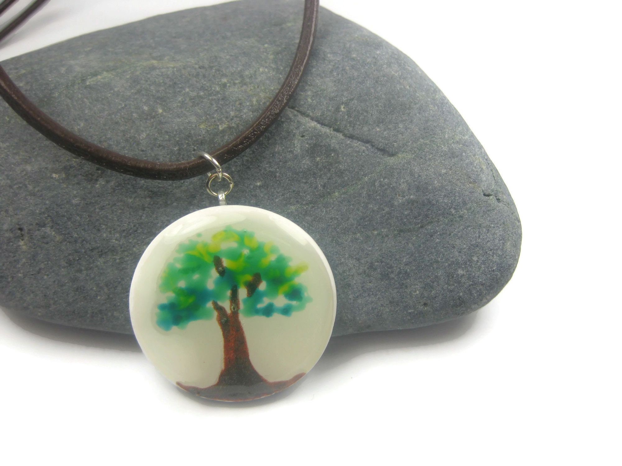 Blue Green Tree Pendant Necklace Hand Painted - Etsy
