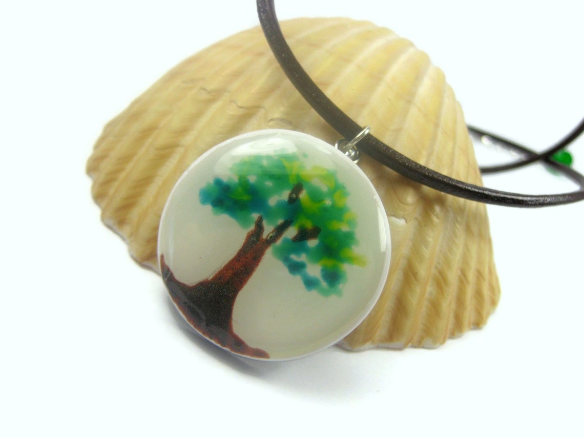 Blue Green Tree Pendant Necklace Hand Painted - Etsy