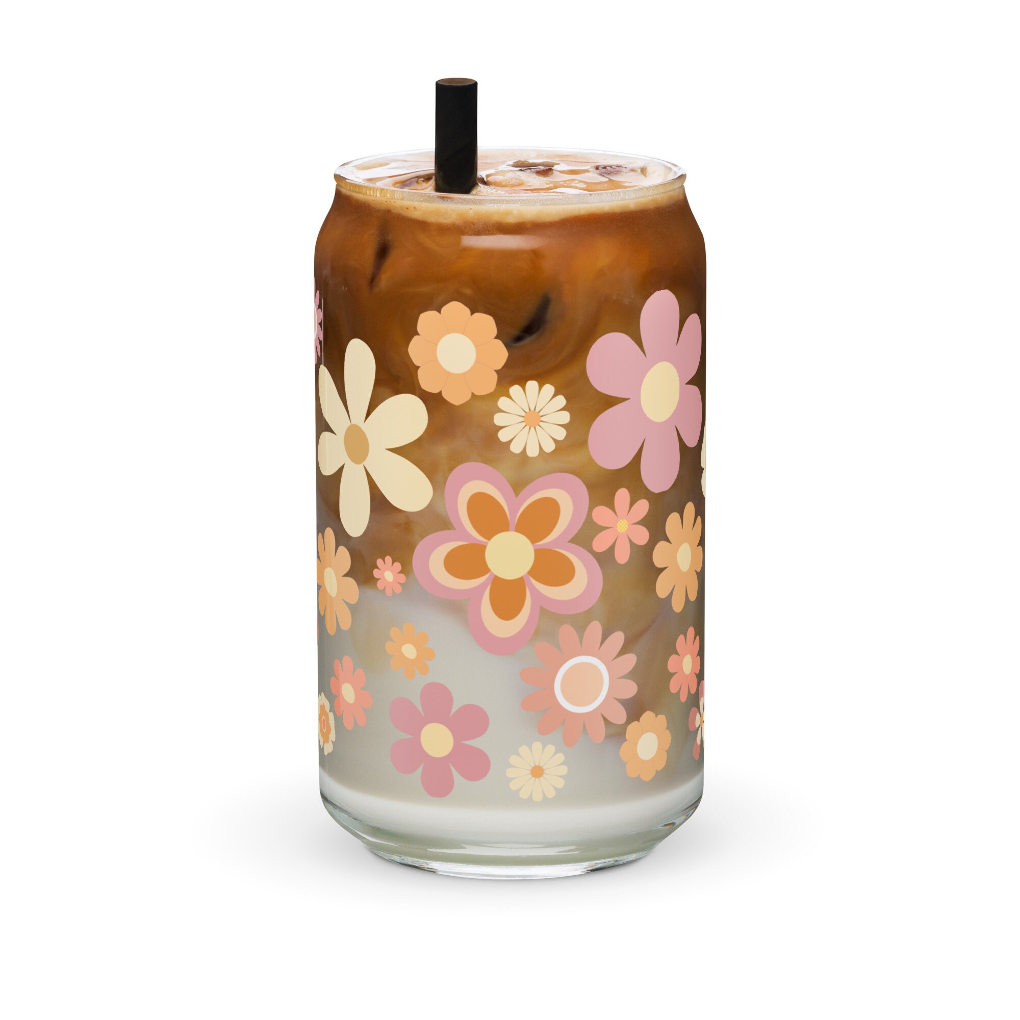 Retro Flowers Can-shaped Glass With Lid and Straw - Etsy