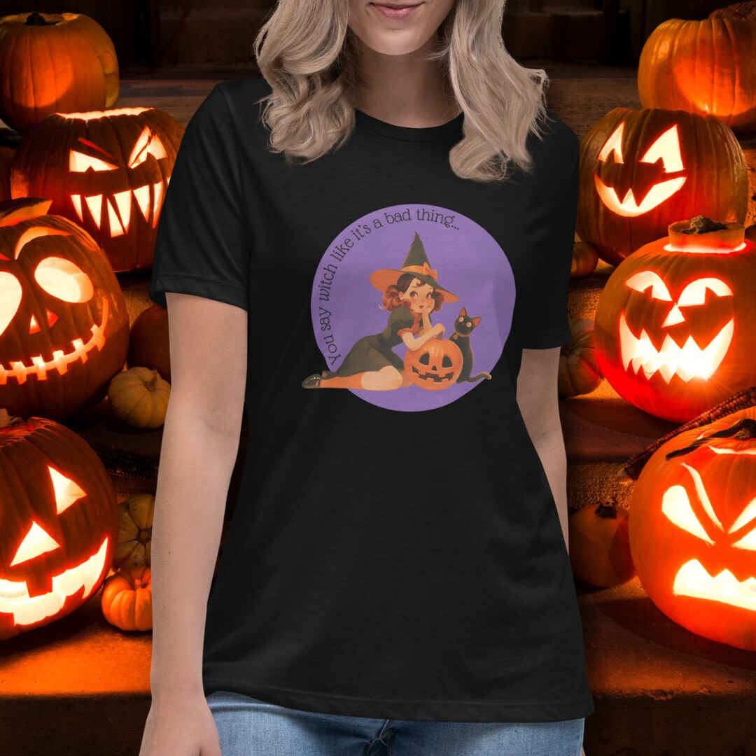Retro Cute Halloween Witch & Black Cat Women's Relaxed T-shirt - Etsy