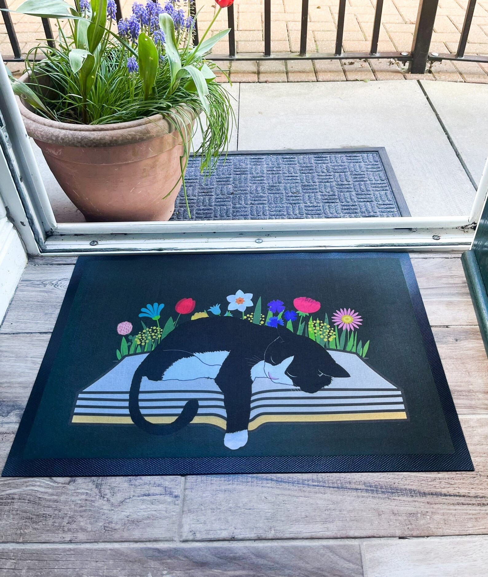 Floral Tuxedo Cat Slim Door Mat. Rubber Backed Non Slip Mat. Machine ...