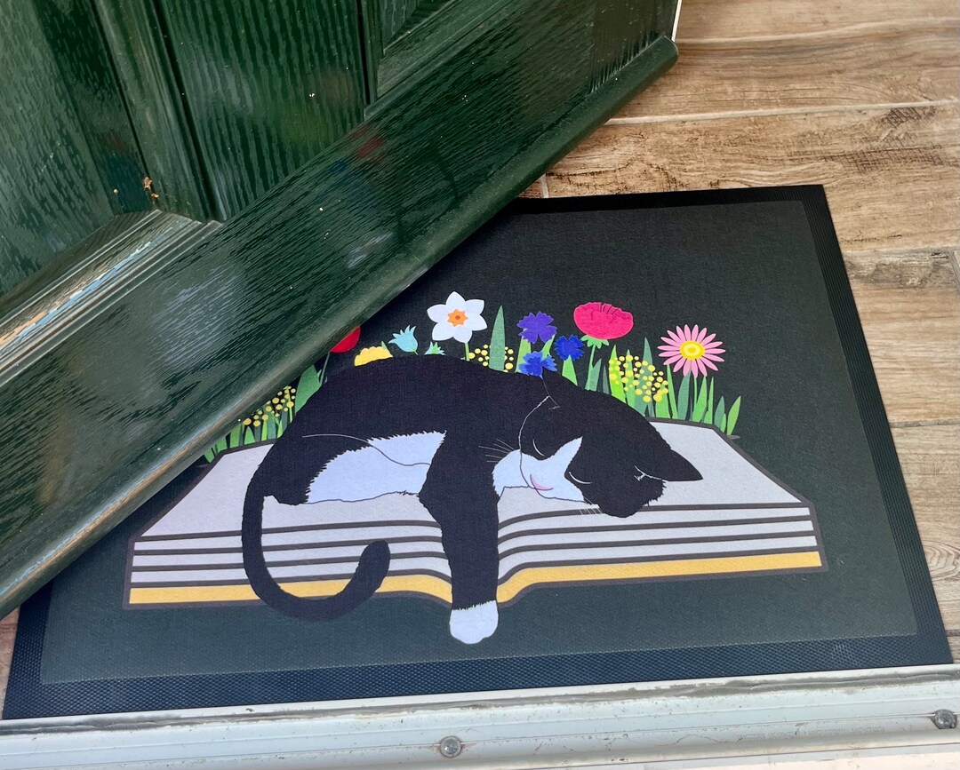 Floral Tuxedo Cat Slim Door Mat. Rubber Backed Non Slip Mat. Machine ...