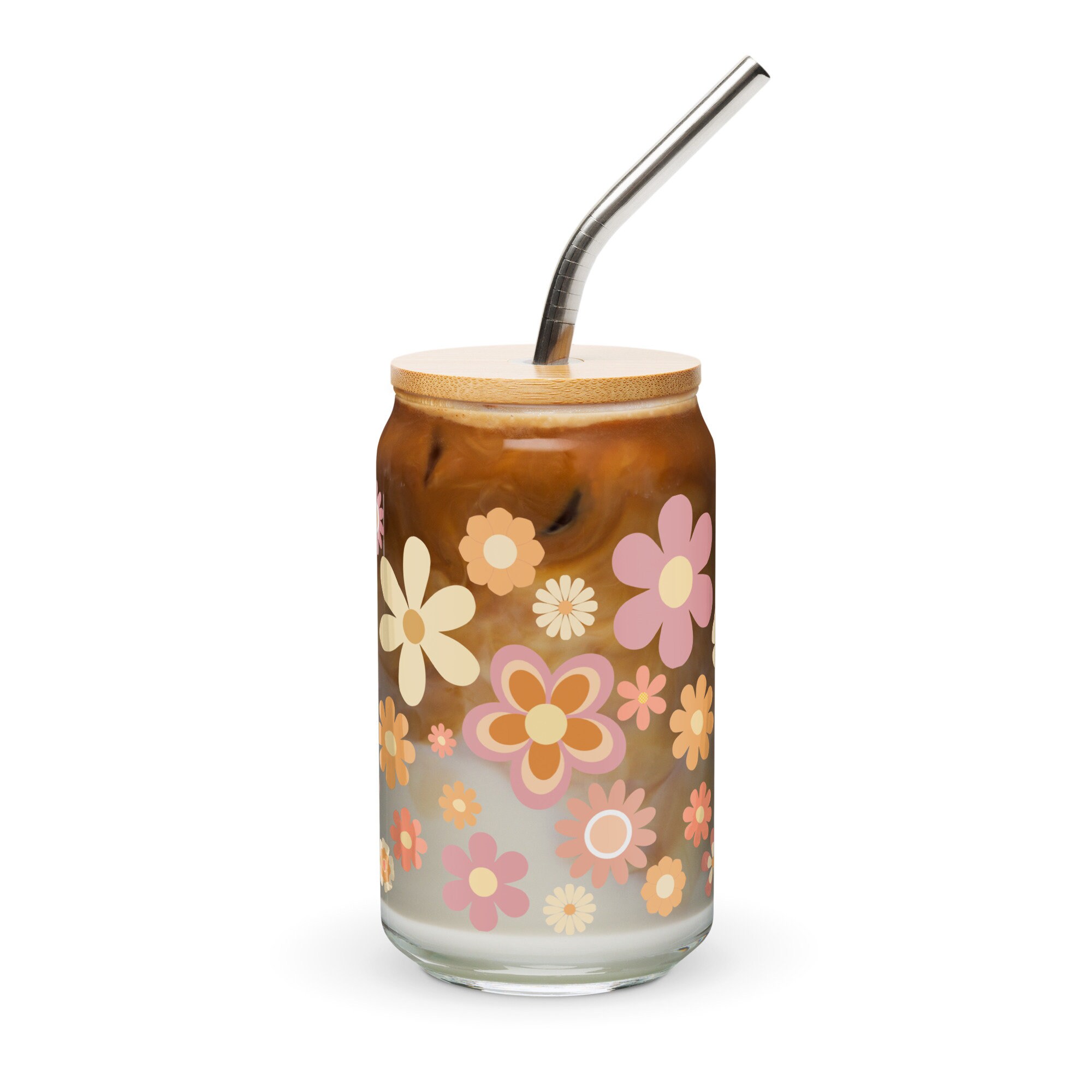 Retro Flowers Can-shaped Glass With Lid and Straw - Etsy