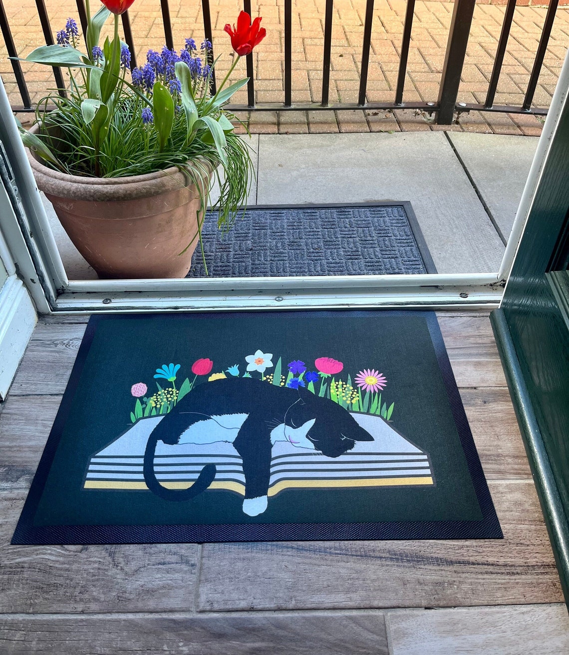 Floral Tuxedo Cat Slim Door Mat. Rubber Backed Non Slip Mat. Machine ...
