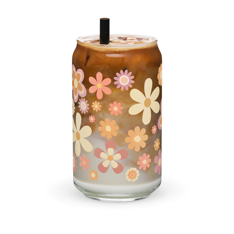 Retro Flowers Can-shaped Glass With Lid and Straw - Etsy