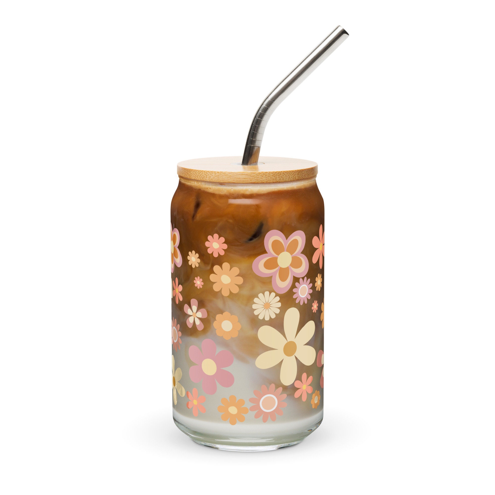 Retro Flowers Can-shaped Glass With Lid and Straw - Etsy