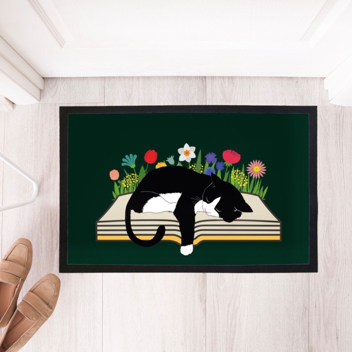 Floral Tuxedo Cat Slim Door Mat. Rubber Backed Non Slip Mat. Machine ...
