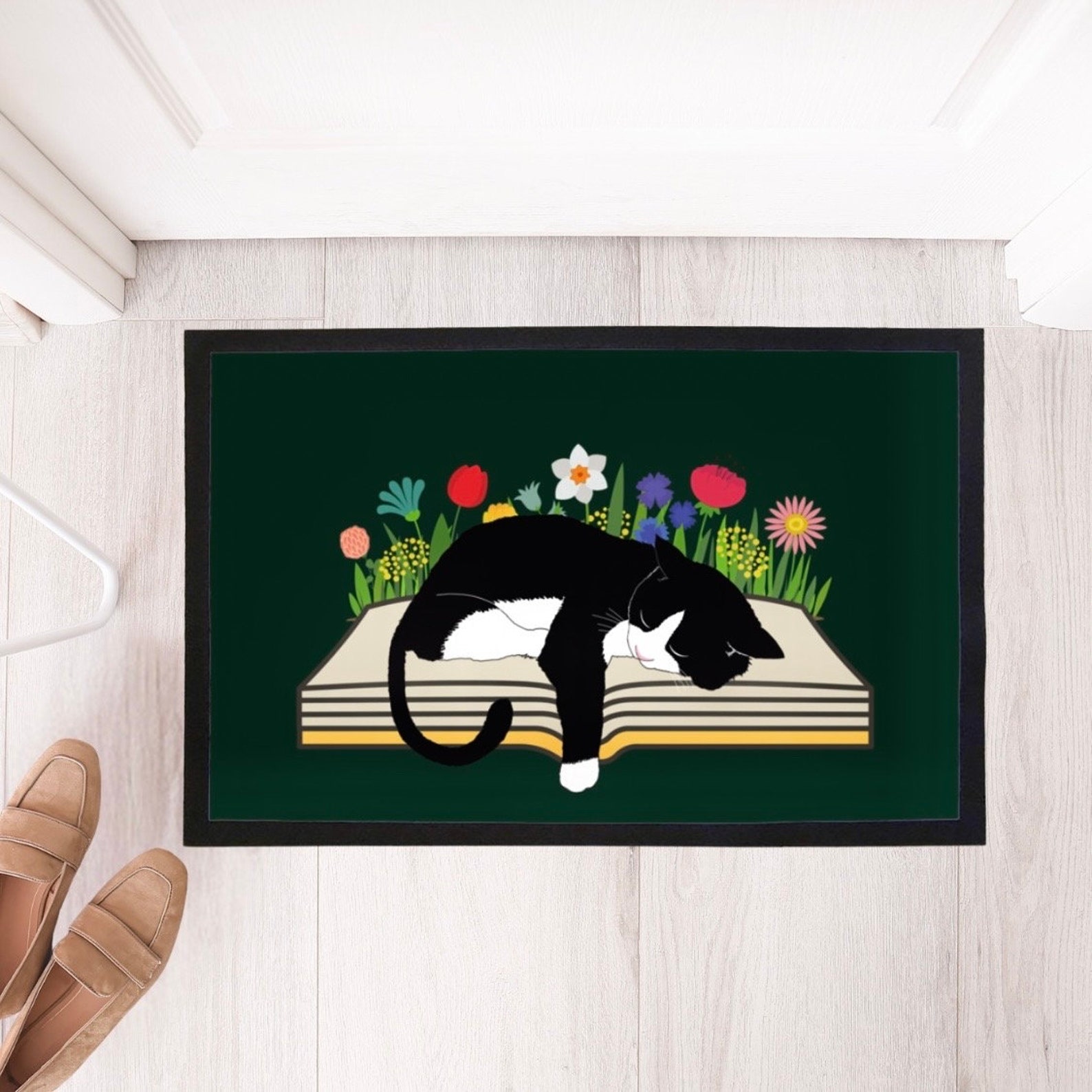 Floral Tuxedo Cat Slim Door Mat. Rubber Backed Non Slip Mat. Machine ...