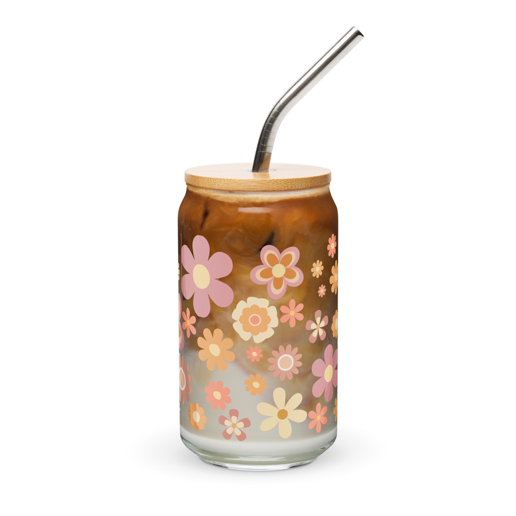 Retro Flowers Can-shaped Glass With Lid and Straw - Etsy
