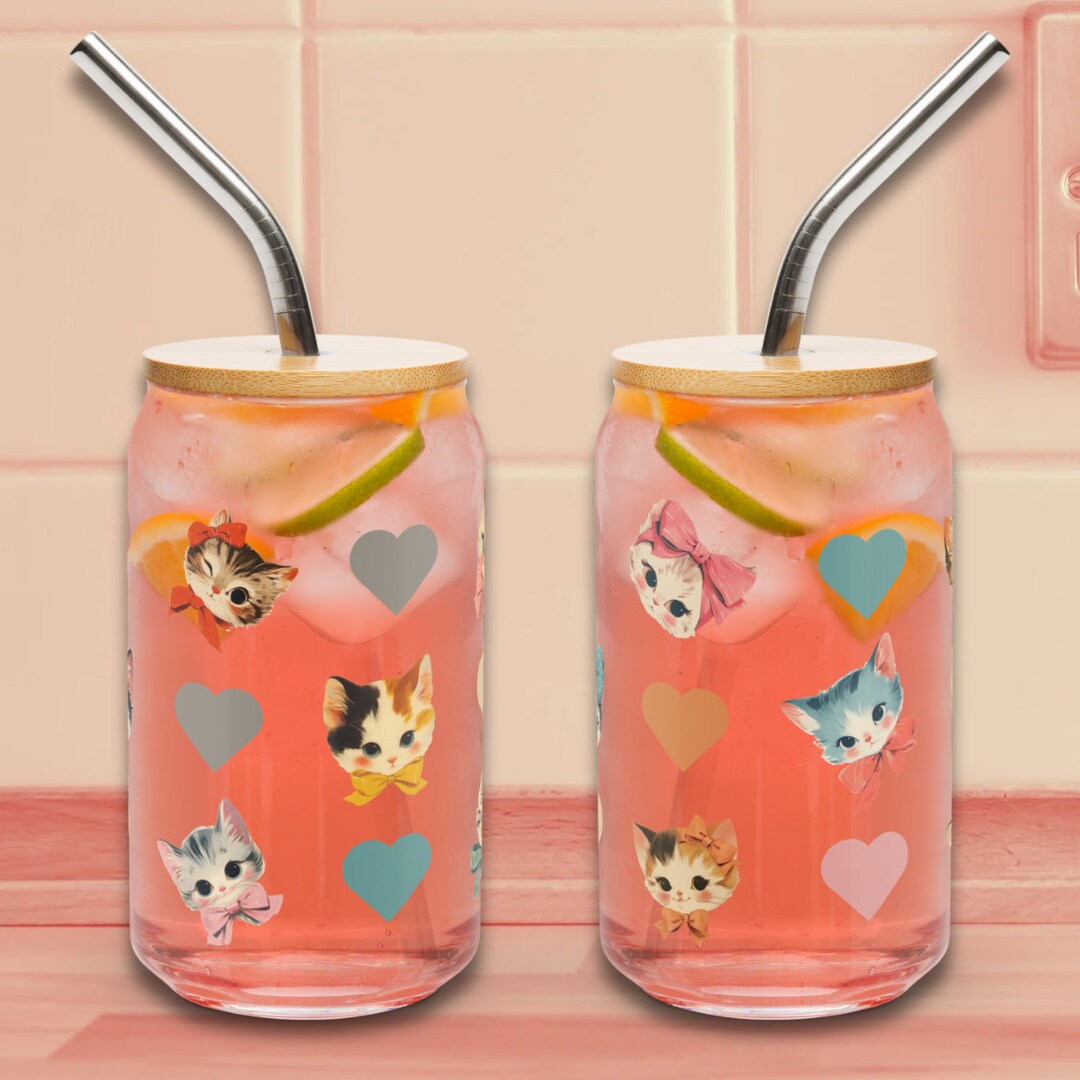 Kitsch Retro Cats & Hearts Can-shaped Glass With Lid and Straw - Etsy