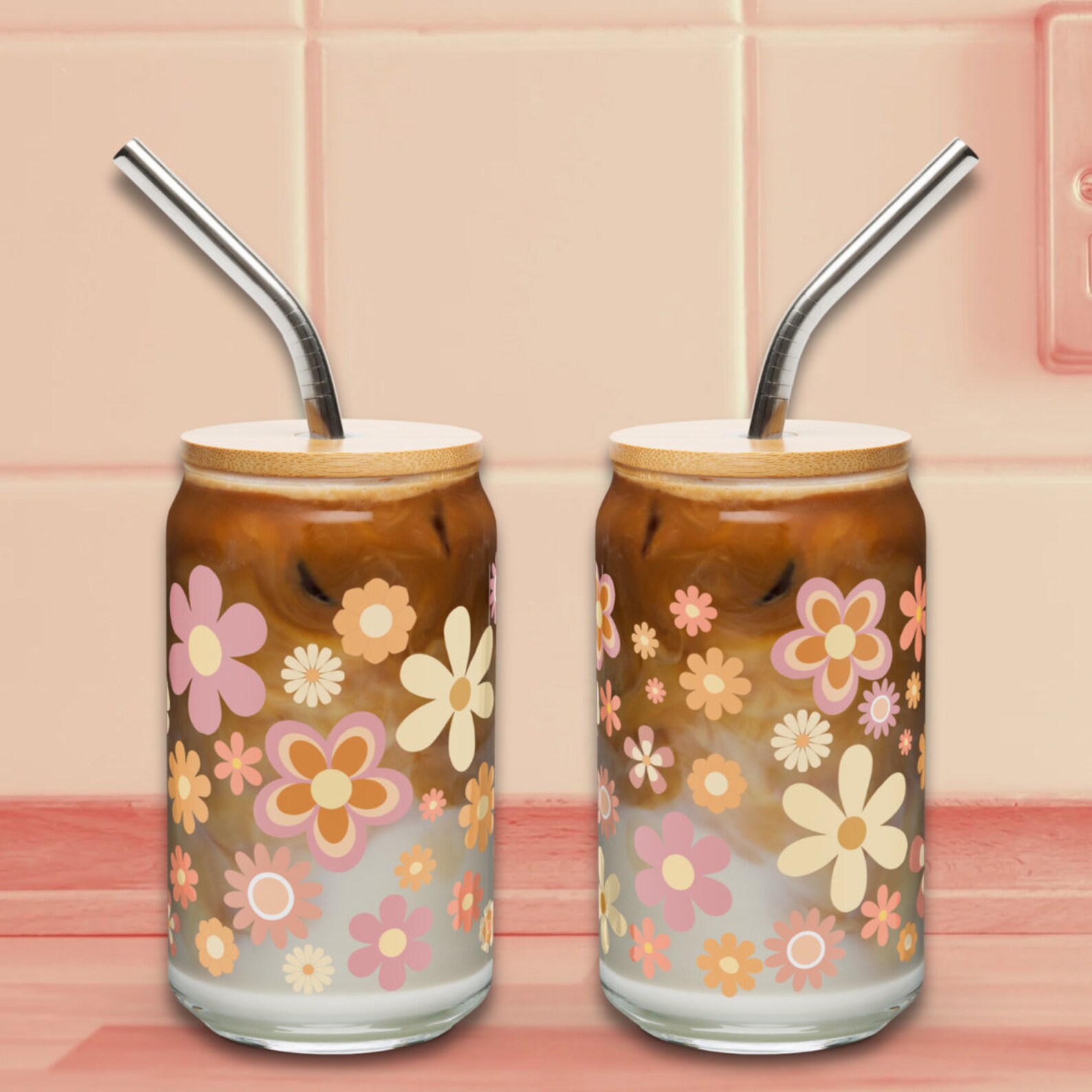 Retro Flowers Can-shaped Glass With Lid and Straw - Etsy