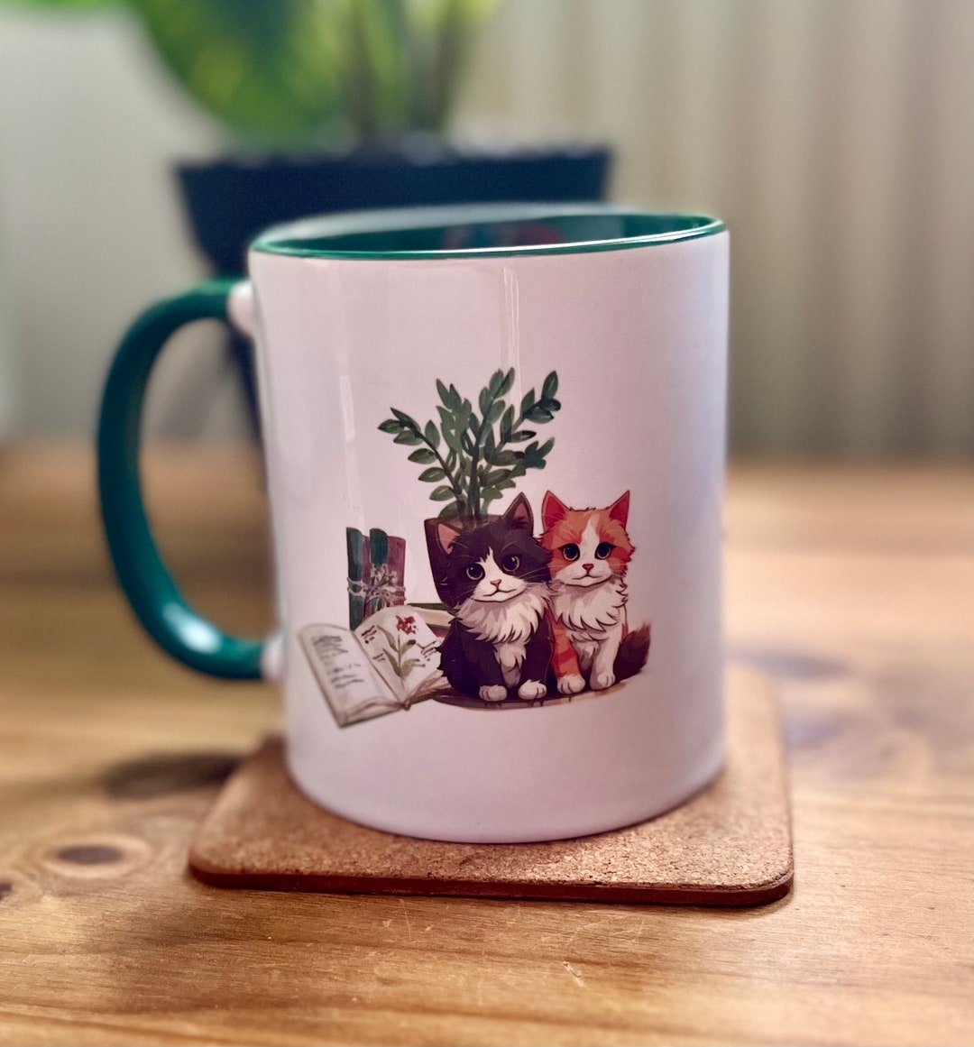 Cute Tuxedo Cat and Ginger Cat With Plants and Books Green Two Tone ...